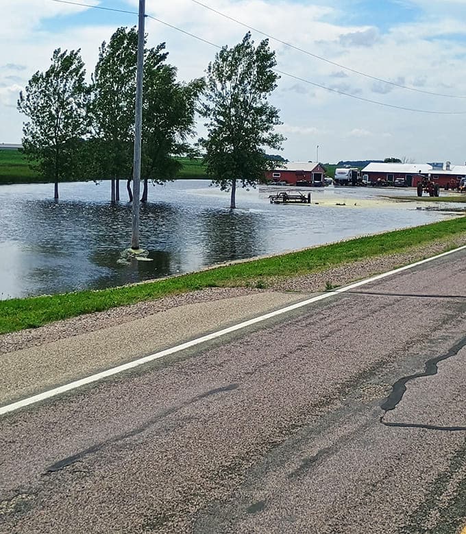 Even floodwaters can't diminish this place's appeal, standing strong and red against whatever nature throws at it.