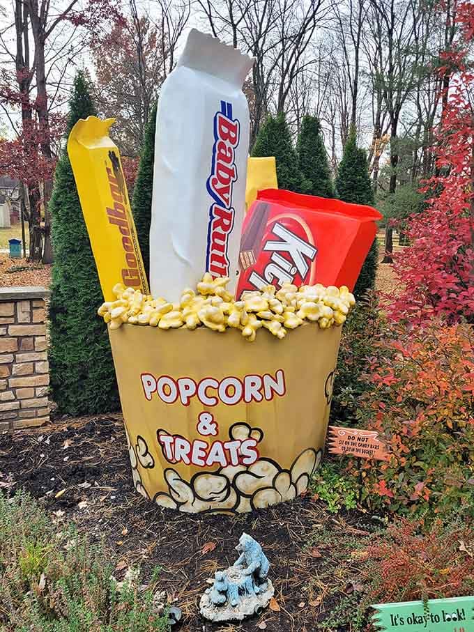 This supersized popcorn and candy display celebrates movie snacks at a scale that would make even the most ambitious theater concession stand feel inadequate.