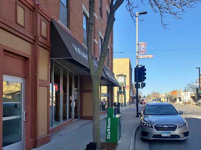 The Hopkins streetscape outside Hoagie's, where small-town charm meets big-time breakfast in one of Minnesota's most welcoming communities.