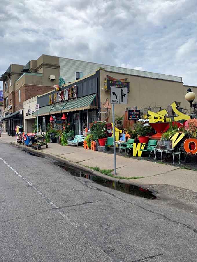 The street view reveals how Hunt & Gather extends beyond its walls, creating an outdoor gallery that invites exploration even before you step inside the shop.