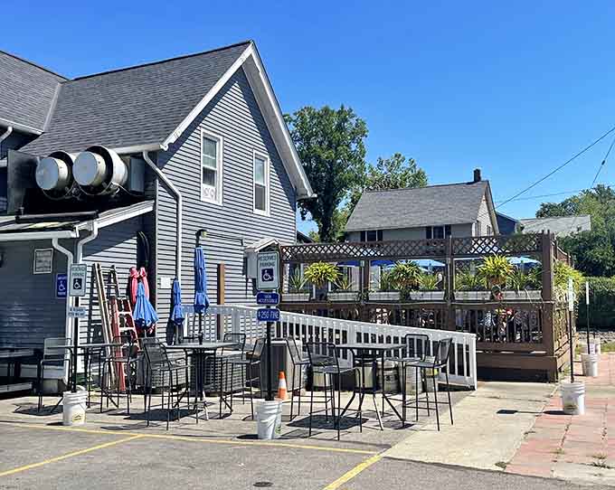 Outdoor seating with lake views means you can watch the water while eating what came out of it, which is the circle of life, restaurant edition.
