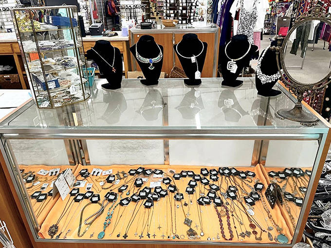 The jewelry counter sparkles with possibility &ndash; costume pieces and potential treasures alike, all waiting for their next night out.