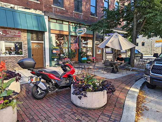Outdoor seating on a brick patio means you can enjoy your coffee while soaking up sunshine and small-town charm.