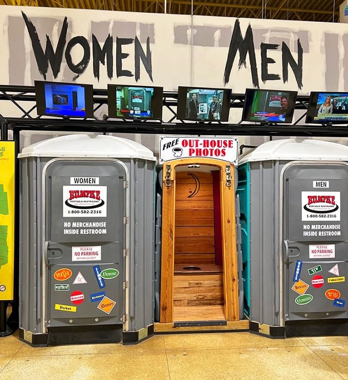 Yes, those are port-a-potty themed bathrooms, because Jungle Jim's decided even the restrooms should be an experience worth photographing.