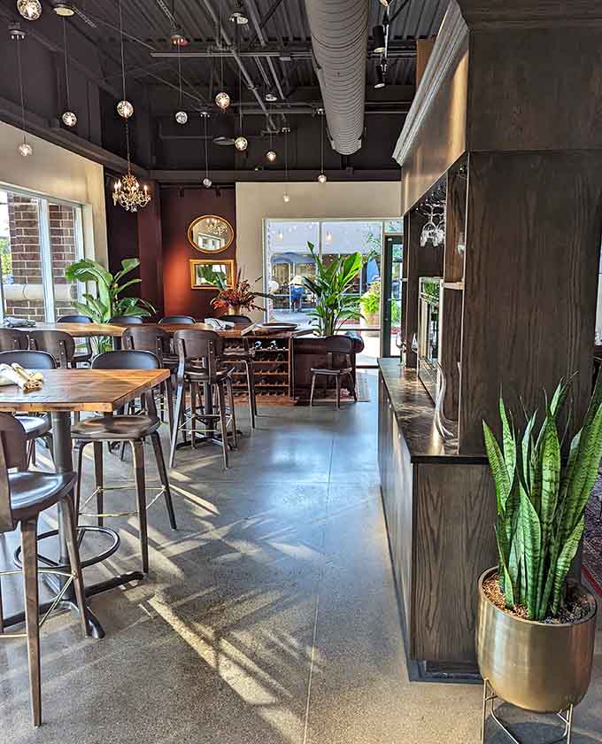 The dining area flows naturally from bar to tables to lounge, with plants and thoughtful design creating distinct spaces within the open layout.