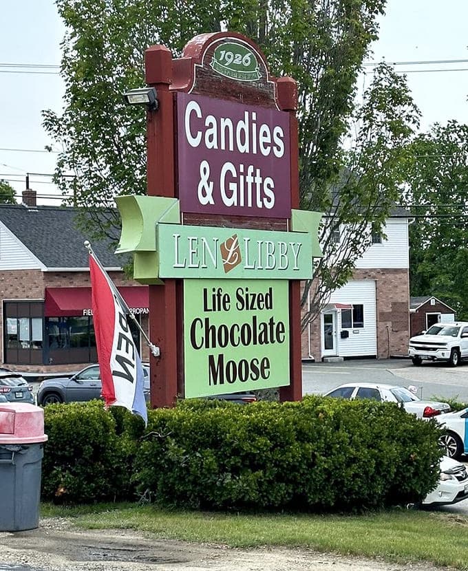 This roadside sign has caused countless sudden turns as drivers realize they absolutely need to see a chocolate moose.
