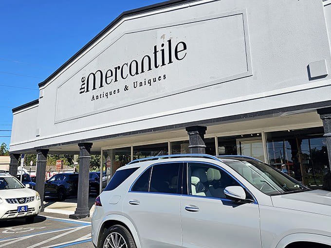 The Mercantile's signage promises "Antiques & Uniques" &ndash; perhaps the most honest advertising in retail history given what awaits inside.