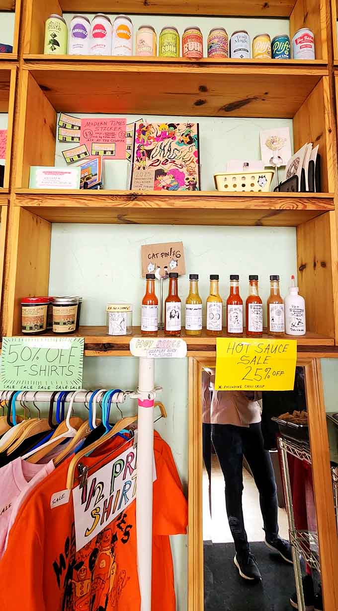 Even the merchandise shelves show personality, because a restaurant this fun deserves souvenirs worth taking home.