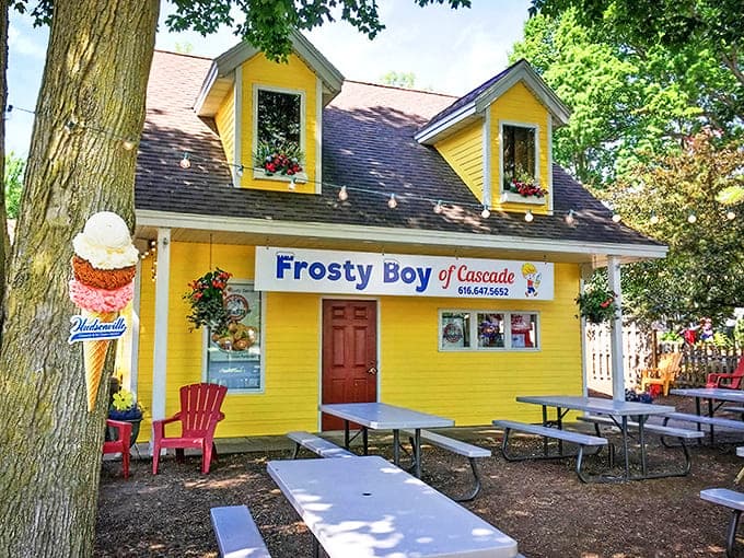 Outdoor Patio: Where summer memories are made. Red picnic tables under leafy shade create the perfect stage for ice cream dreams to unfold.