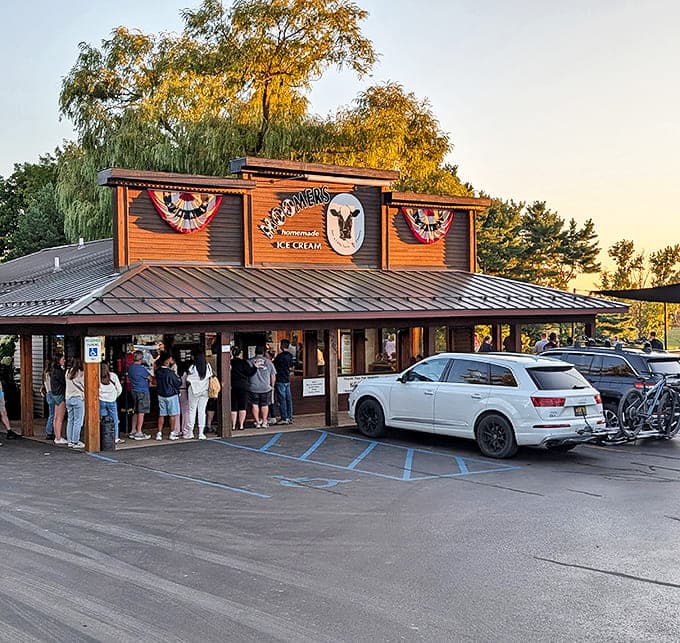 Outdoor: Golden hour bathes the Moomers building in warm light as customers line up for their evening fix &ndash; proving ice cream tastes even better when slightly illuminated.