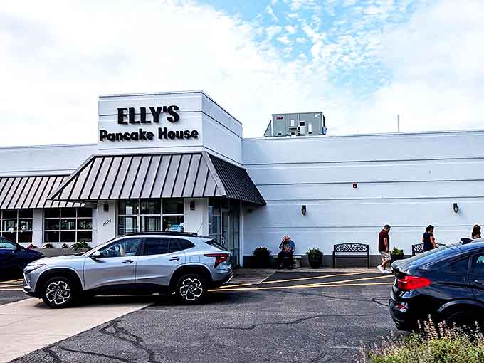 Outside: Even on cloudy days, Elly's stands as a bright spot in Glenview, promising warm pancakes and hot coffee to chase away any morning blues.