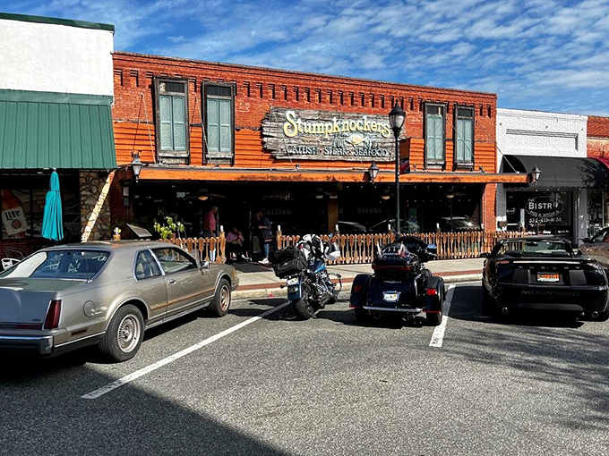 Small-town charm extends to the street view, where classic cars and motorcycles line up outside this beloved local institution.