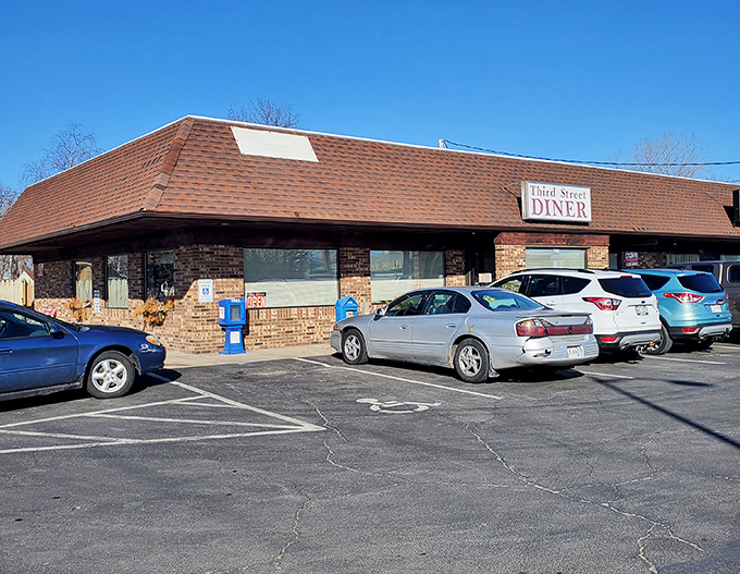 The brick exterior that houses breakfast dreams &ndash; Third Street Diner's unassuming presence in downtown Menasha.
