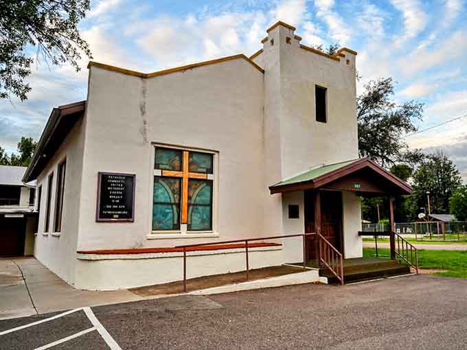 The Community Church's simple white walls and modest bell tower remind us that beauty doesn't need to be complicated.