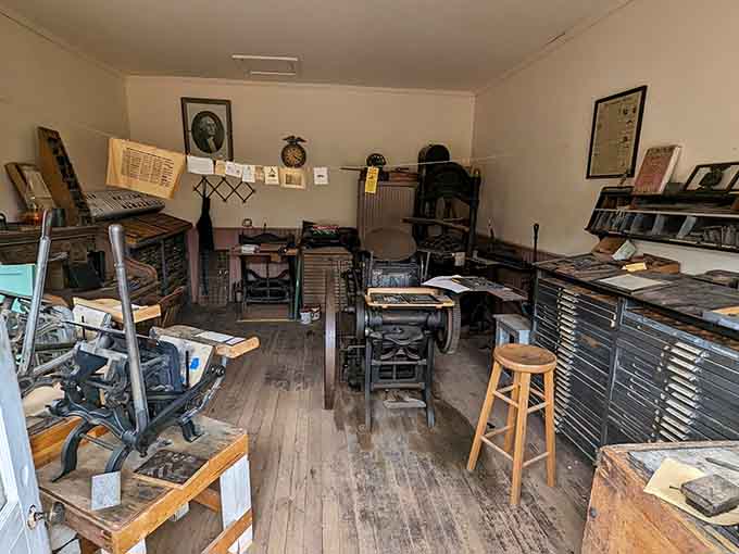 The print shop displays the intricate equipment required to produce newspapers and documents, each letter placed by hand, one character at a time.