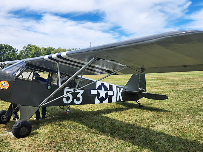 This military-marked Piper J-3 Cub represents the workhorse trainers that taught countless pilots to fly, its simple design belying its historical importance.