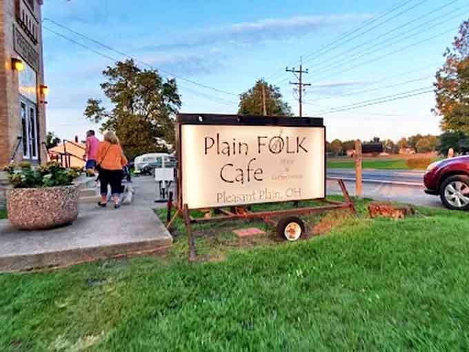 The illuminated sign welcomes hungry travelers to Pleasant Plain's culinary gem, a beacon of homestyle cooking and hippie hospitality in rural Ohio.
