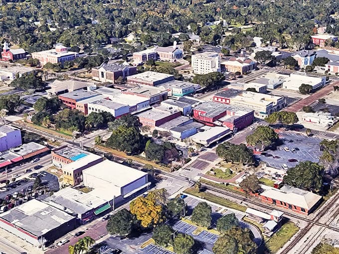 An aerial view reveals Plant City's perfect location between Tampa and Orlando, making it an ideal day trip destination for Florida explorers.