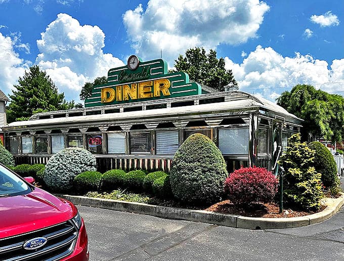 Even on a sunny day, the diner's classic silhouette stands out against the blue Ohio sky, beckoning hungry travelers with promises of comfort food perfection.