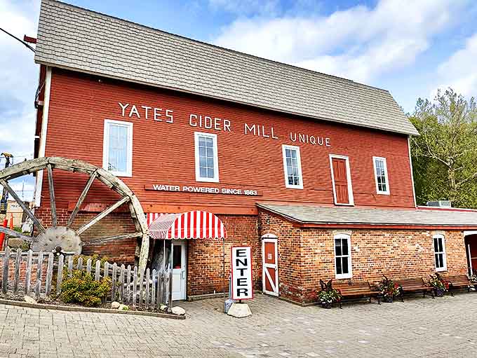 Entrance: The welcoming facade of Yates Cider Mill promises visitors what generations of Michiganders already know &ndash; autumn perfection awaits inside.