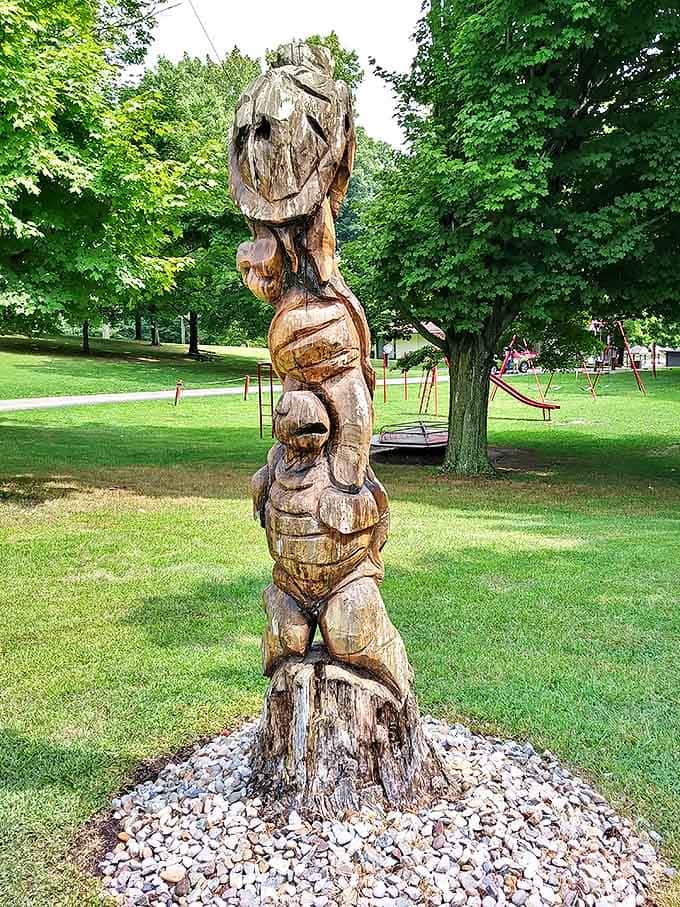 Art meets history in this wooden sculpture, a creative interpretation standing guard over a park that celebrates Ohio's industrial heritage.