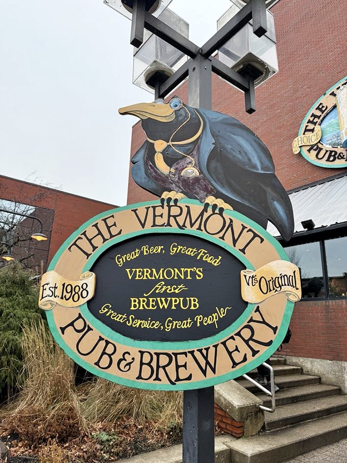 Vermont Pub & Brewery's distinctive sign featuring their raven mascot announces "Vermont's First Brewpub" &ndash; a pioneer in craft beer culture.