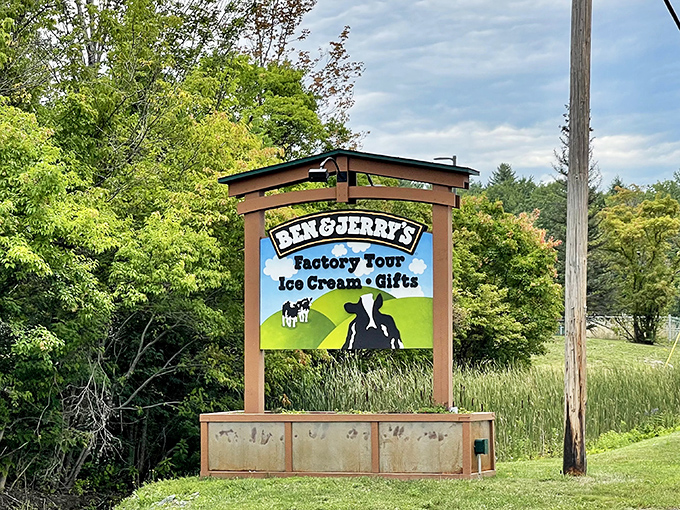 The Ben & Jerry's factory sign welcomes pilgrims to this ice cream mecca. Beyond these gates lie tales of flavor triumph, tragedy, and the occasional resurrection.