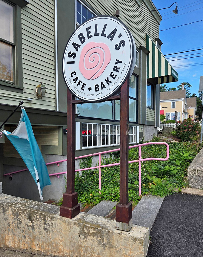 Isabella's newer sign maintains the bakery's whimsical charm while promising that everything inside is "baked with love in Freeport, Maine."