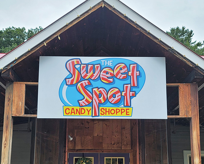 The Sweet Spot sign pops against weathered wood, a beacon for sugar-seekers. Like a lighthouse guiding ships to shore, it guides candy lovers to their happy place.