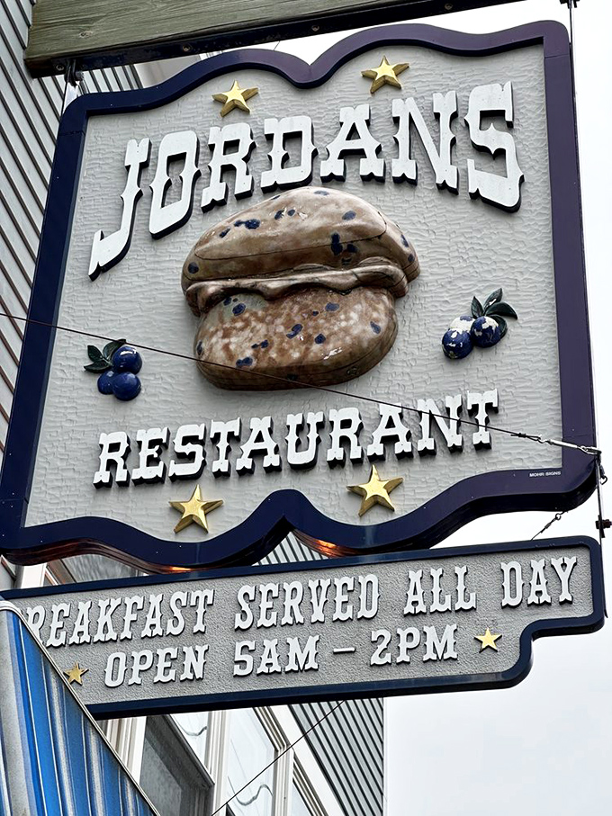 The iconic sign featuring a blueberry pancake announces Jordan's mission: serving breakfast all day, because some traditions are too delicious to change.