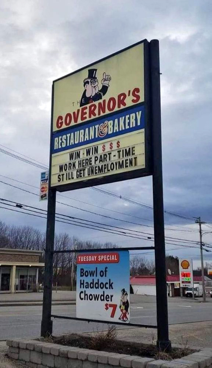 The iconic Governor's sign, complete with witty message &ndash; a roadside beacon for travelers seeking authentic Maine flavor.