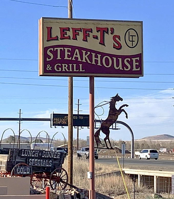 A rearing horse silhouette stands sentinel beside the Leff-T's sign, a fitting symbol for this wild west steakhouse that's been corralling hungry diners for years.