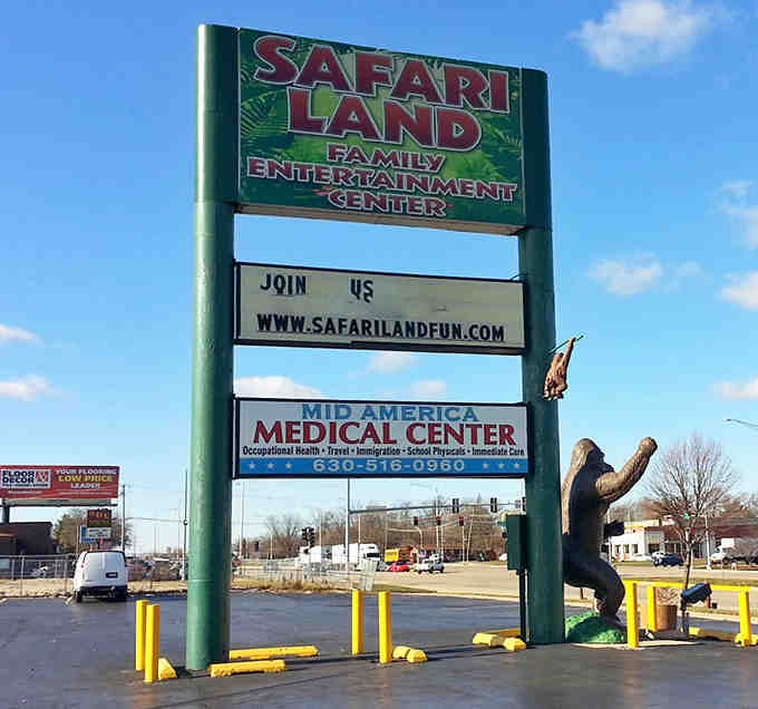 Safari Land's roadside sign beckons passing travelers with the promise of climate-controlled adventure &ndash; a beacon of fun visible from blocks away.