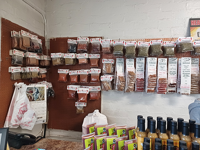 A wall of spices and Mexican cooking essentials ensures you can take home more than just memories of La Estrella's incredible flavors.