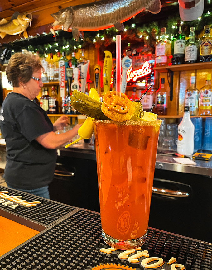 Bloody Mary masterpiece! This drink doubles as both beverage and appetizer &ndash; a meal in a glass.