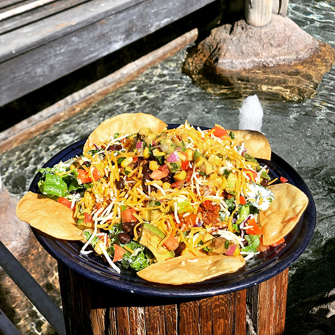 A crispy tortilla bowl transformed into an edible art piece, loaded with Southwestern goodness.