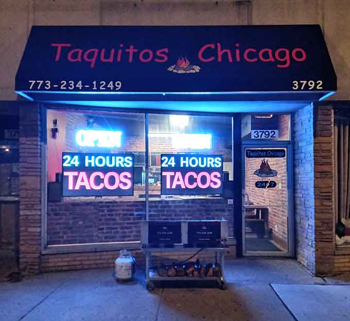 The welcoming glow of Taquitos Chicago at night, a beacon for anyone craving authentic flavors.