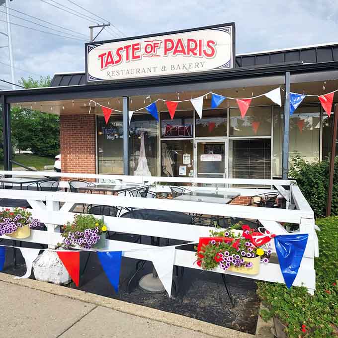 The outdoor patio seating lets you enjoy your croissants and coffee while soaking up the sunshine on beautiful days.