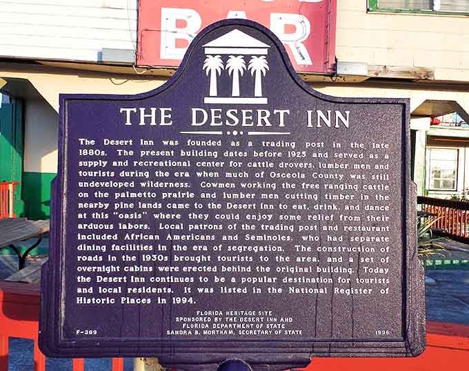 This historical marker tells the fascinating story of the Desert Inn, from its origins as a trading post to its evolution into a landmark that defined Yeehaw Junction.