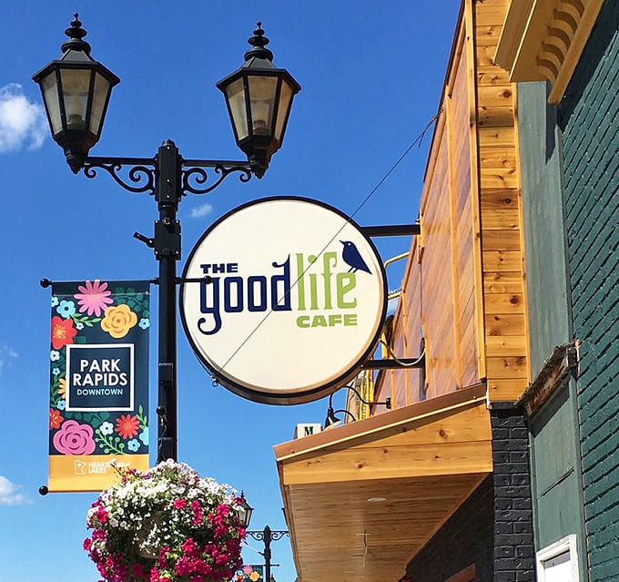 The charming signage welcomes you to Park Rapids' downtown gem, where good food and good vibes await inside.