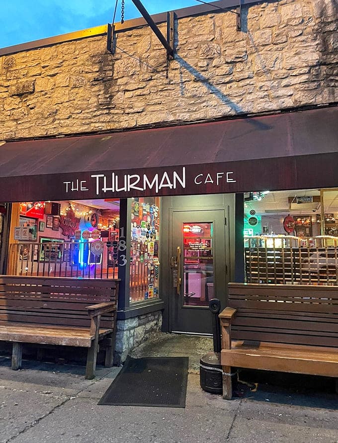 The entrance promises adventure, with glimpses of the memorabilia-packed interior visible through windows that practically glow with welcoming warmth.