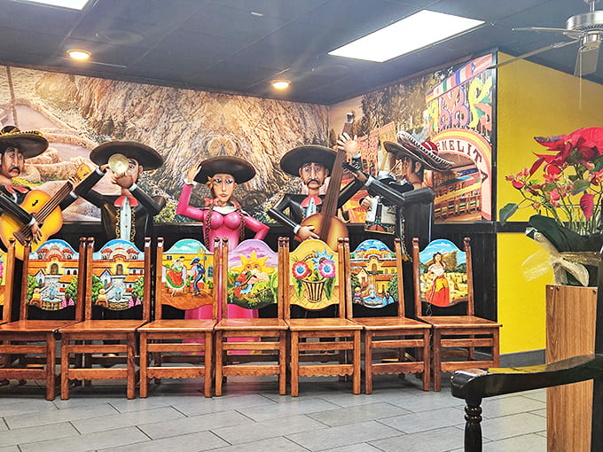 Waiting Area: A charming display of Mexican folk art figurines and painted chairs creates the perfect spot to build your appetite before the feast begins.