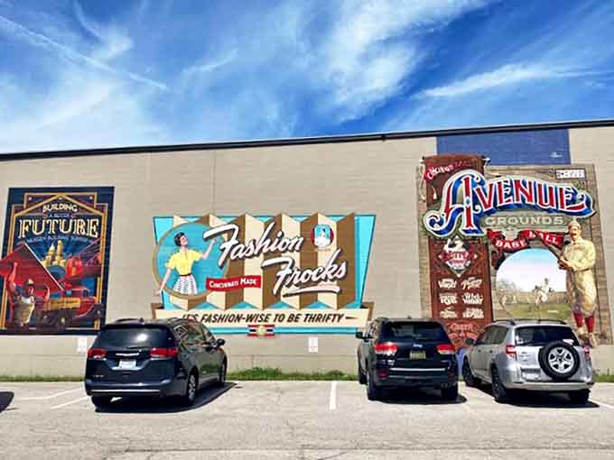 Even the parking lot celebrates sign history with these massive painted murals &ndash; advertising art that turned ordinary buildings into canvases for commercial dreams.