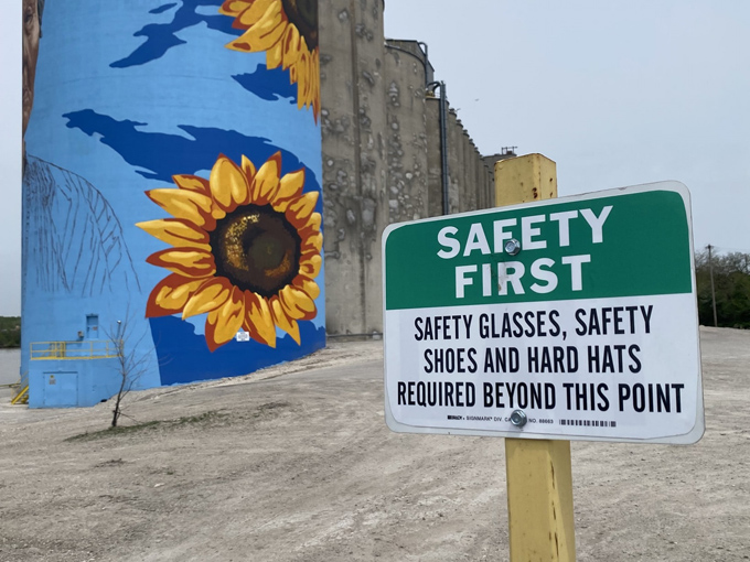 Safety first at this working facility &ndash; a reminder that these beautiful silos still serve their original purpose while doubling as public art.