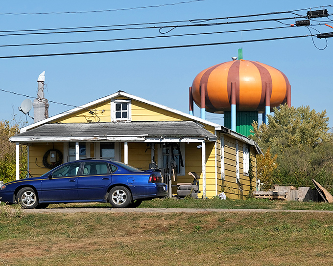 At this distance, you can appreciate the sheer scale of the structure &ndash; not just a water tower, but a monument to whimsy.