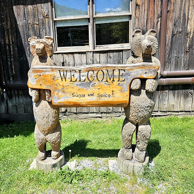 Even the bears approve! Wooden guardians welcome visitors to this temple of maple delights, where Vermont traditions are served with a side of charm.