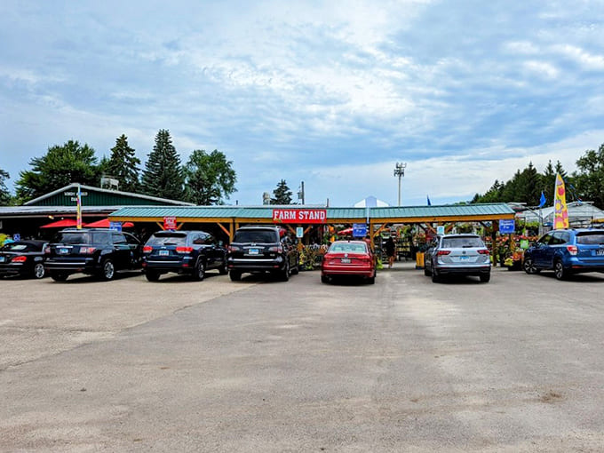 The covered farm stand welcomes cars full of eager visitors ready to load up on fresh produce and homemade treats.