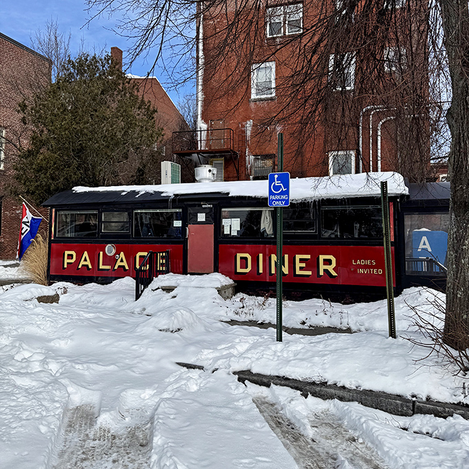 Snow-dusted and welcoming, the Palace Diner in winter looks like it was lifted straight from a New England Christmas card – with better food inside.