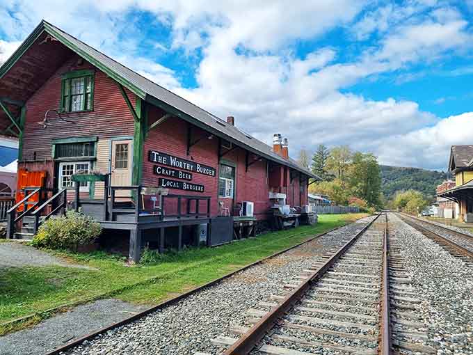 The old freight house sits alongside the tracks, a perfectly preserved piece of Vermont history now serving seriously good food.