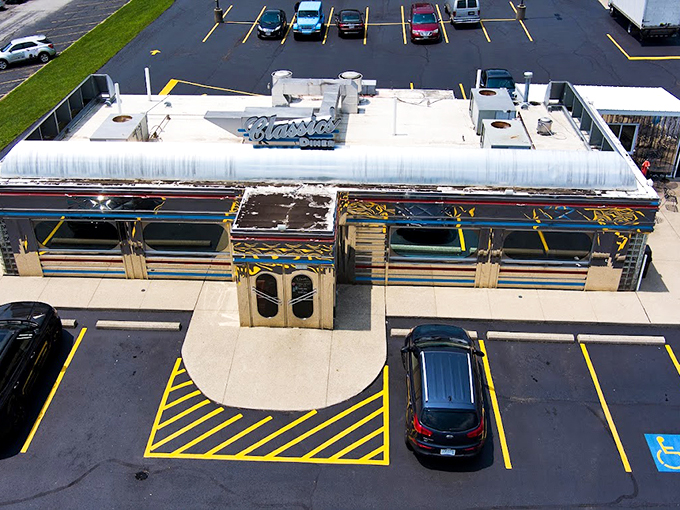 From up here, it looks like a chrome spaceship that crash-landed in Ohio. But don't worry&mdash;the only probing you'll experience is into your wallet for more milkshake money.